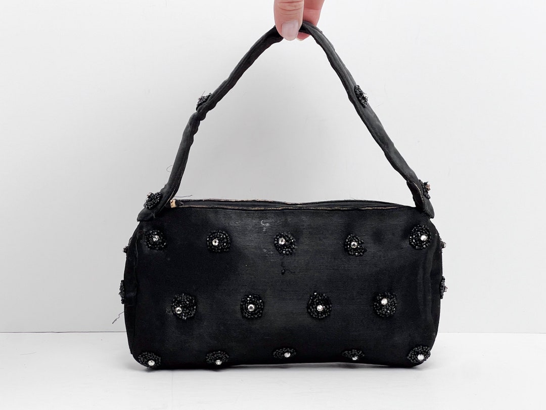 Antique 1940s Lujean Black Satin Evening Bag With Beaded Rhinestones - Etsy