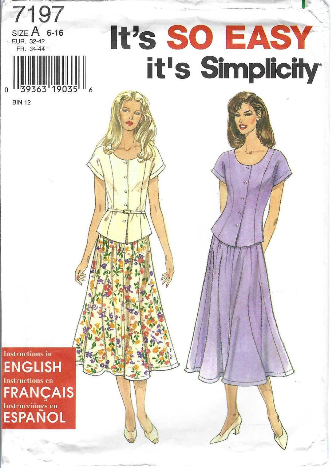 Sewing Pattern Simplicity 7197 Misses Top & Skirt Sizes: - Etsy