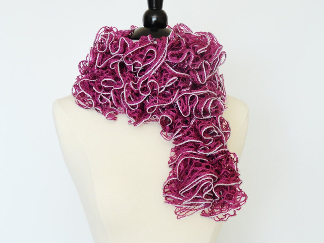 Frilly Knit Fashion Ruffle Scarf in Raspberry With Silver Trim - Etsy
