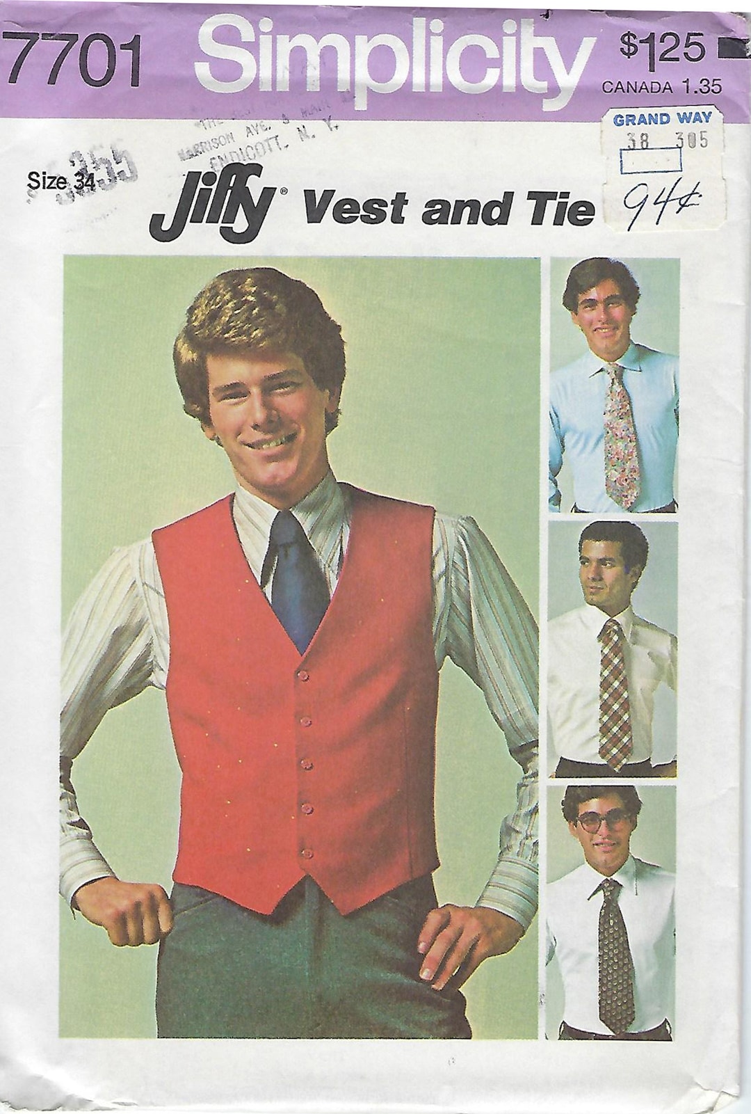 Simplicity 7701 Sewing Pattern/men's Size 34 Vest & Tie/uncut Factory ...