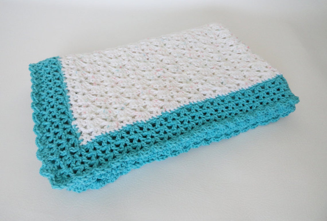 Crochet Baby Blanket Afghan in Turquoise & White Multi/baby Shower Gift ...