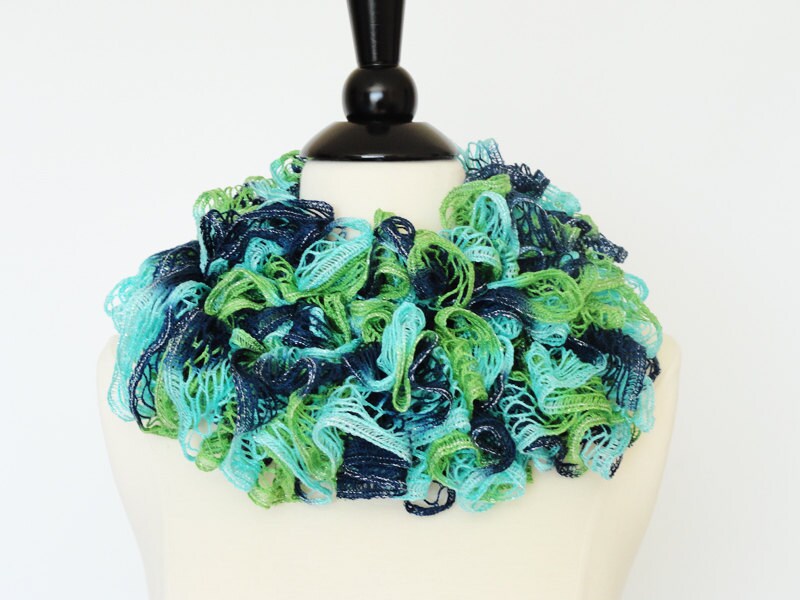 Ruffle Hand Knit Multicolor Fashion Scarf Aqua Green Navy | Etsy