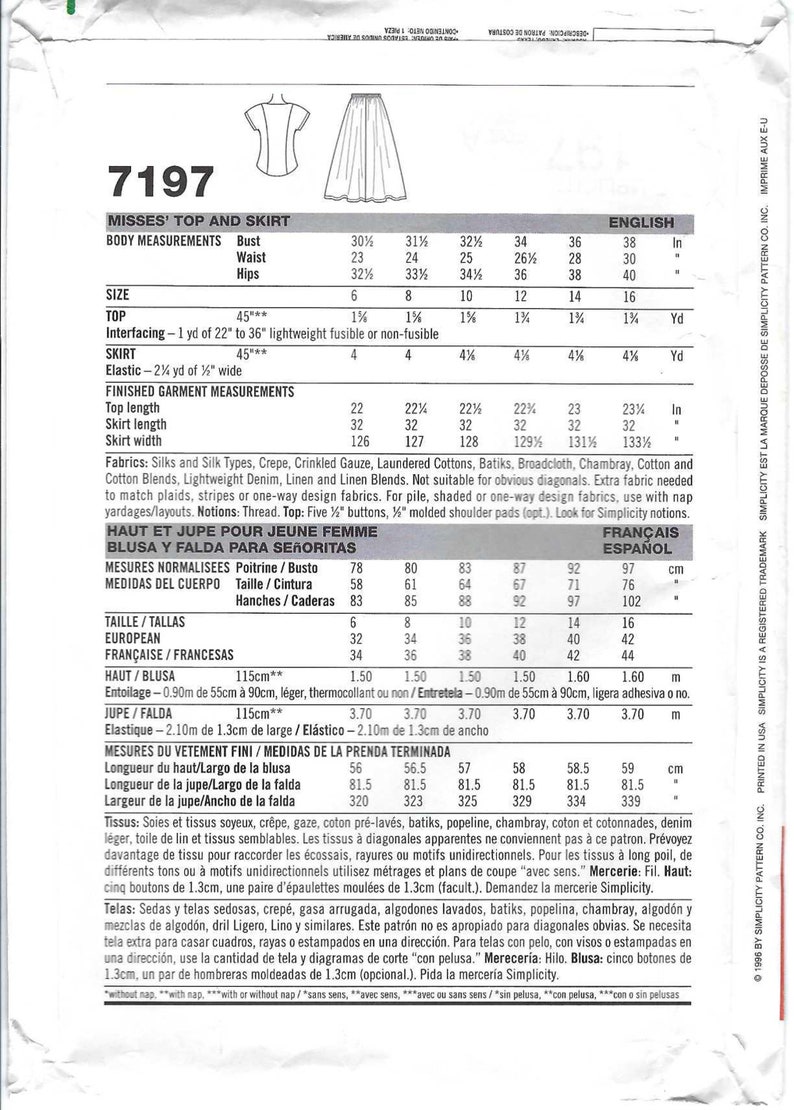 Sewing Pattern Simplicity 7197 Misses Top & Skirt Sizes: - Etsy