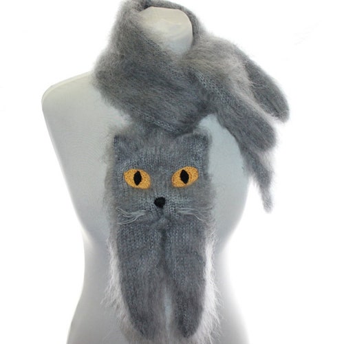 Knitted Scarf / British Blue Cat / Fuzzy Soft Scarf / Grey / - Etsy