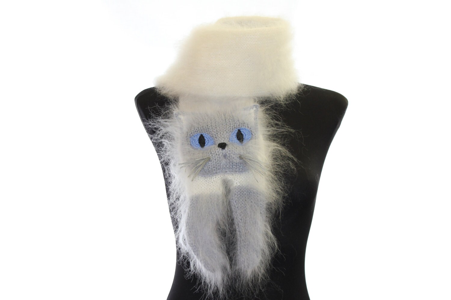 Knitted Scarf Fuzzy White and Gray Blue Soft Scarf Cat - Etsy