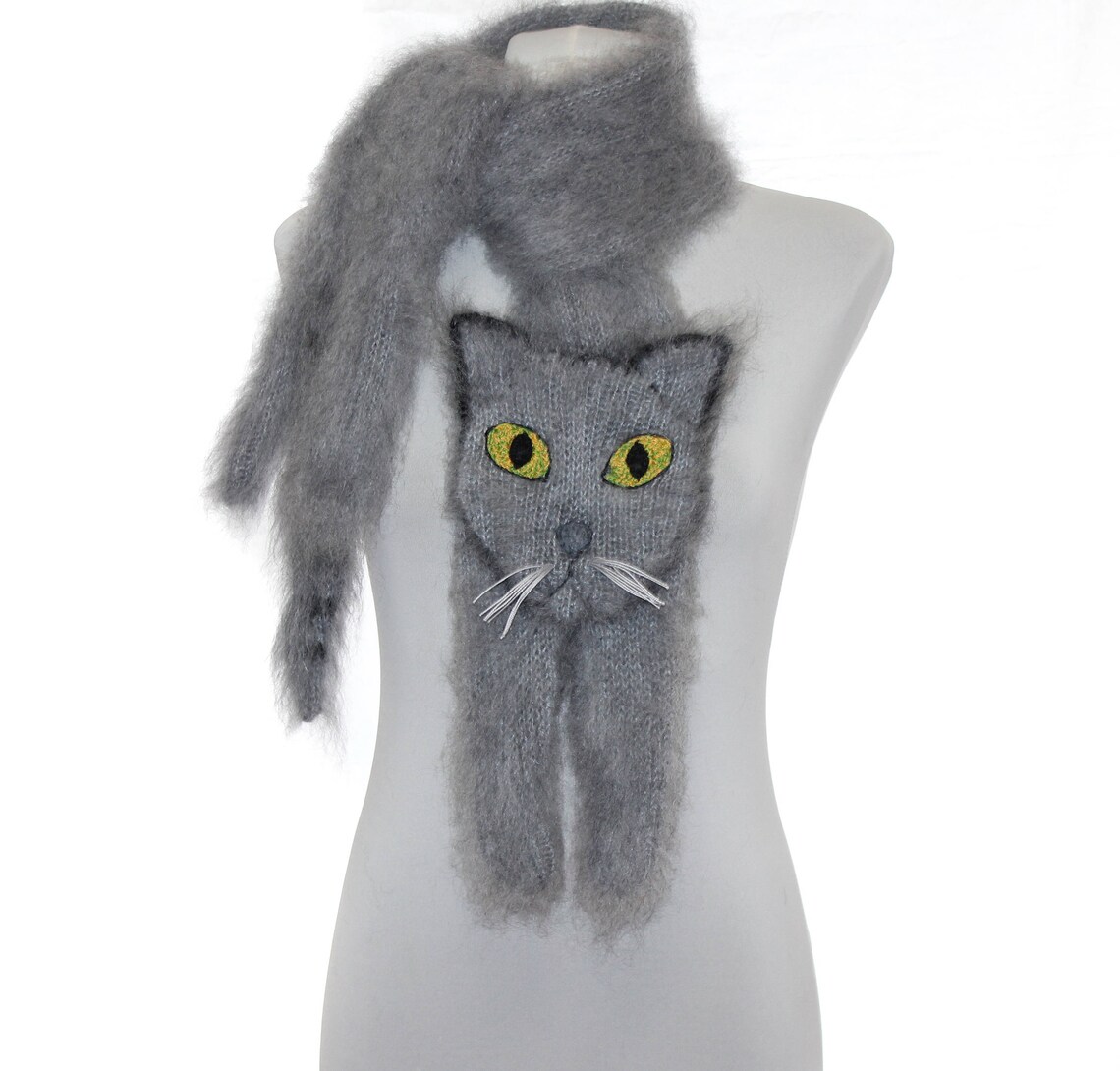 Knitted Scarf Russian Blue Cat. Fuzzy Soft Grey Cat Scarf With | Etsy