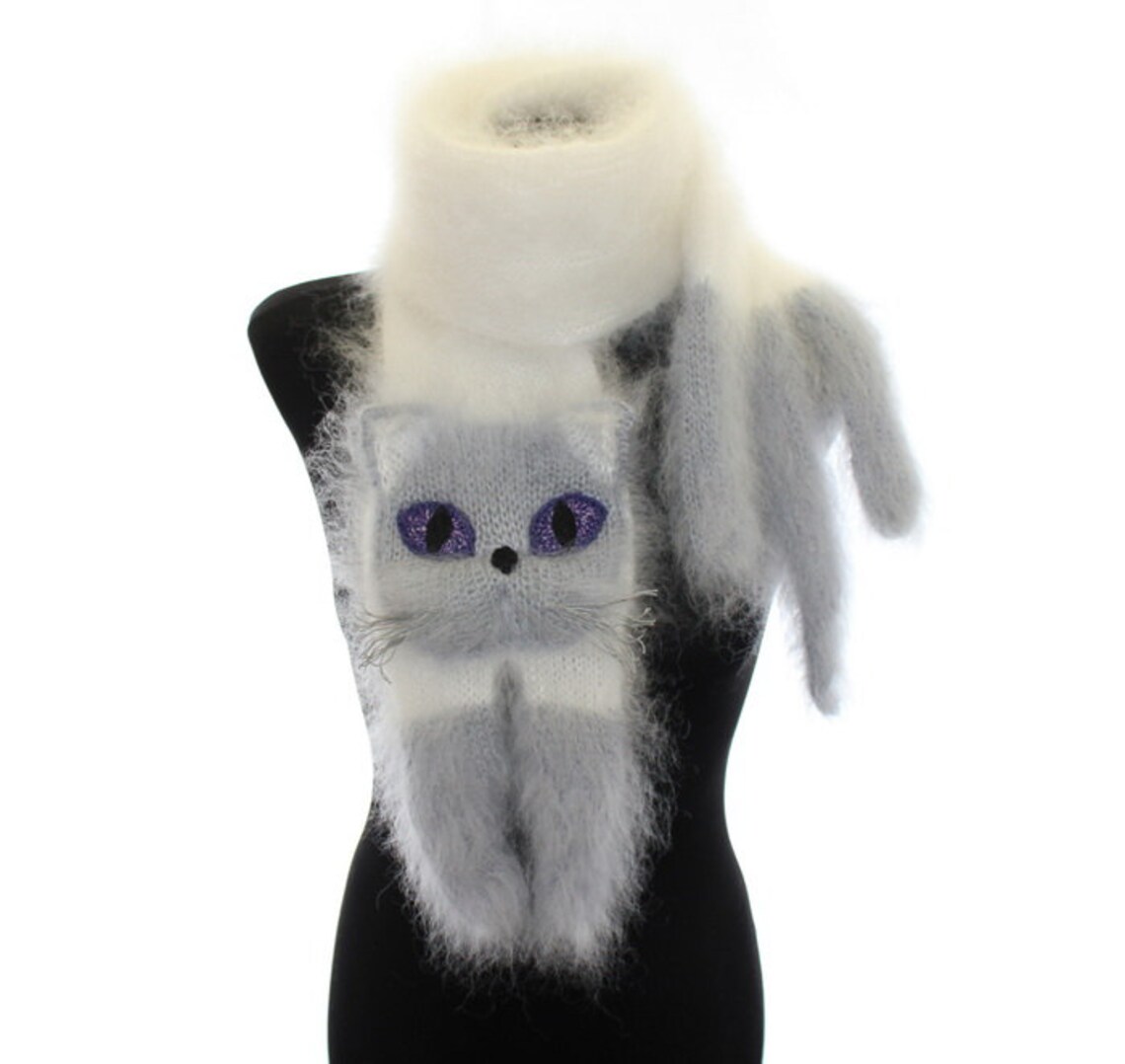 Knitted Scarf Fuzzy White and Gray Blue Soft Scarf Cat - Etsy