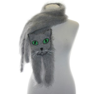 Knitted Scarf Russian Blue Cat. Fuzzy Soft Grey Cat Scarf With Emerald ...