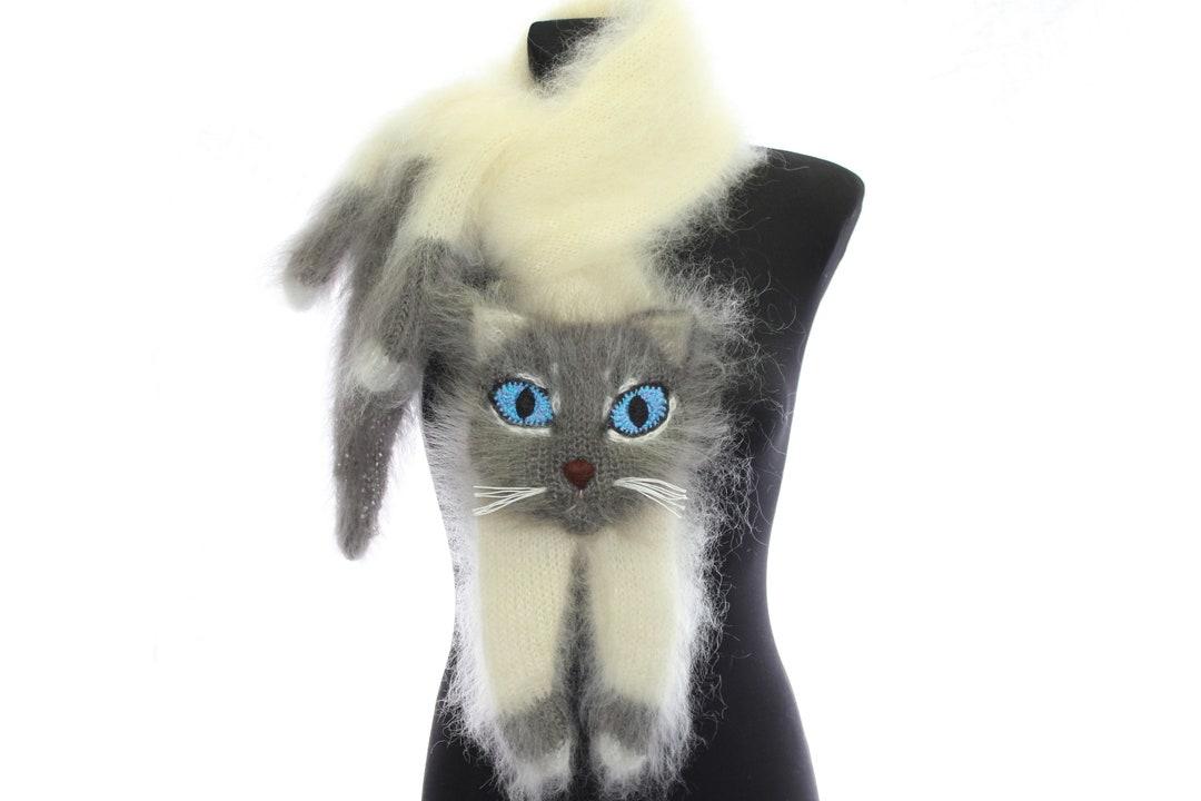 Knitted Scarf Ragdoll Cat. Fuzzy Soft Scarf White Gray. Cat Scarf ...