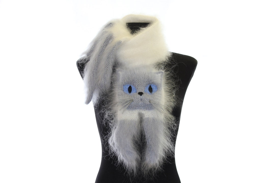 Knitted Scarf Fuzzy - White and Gray Blue Soft Scarf - Cat Scarf - Knit ...