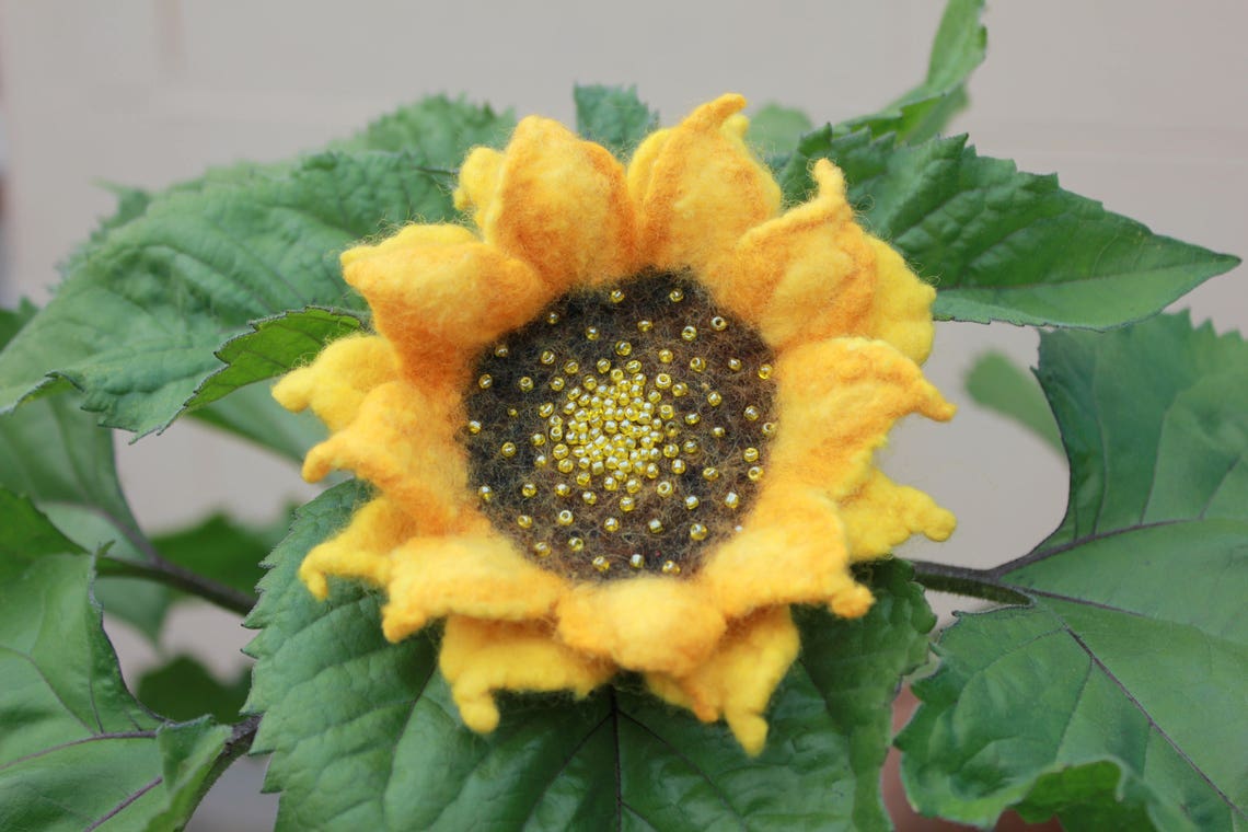 Felted Sunflower / yellow felted flower embroidered with | Etsy