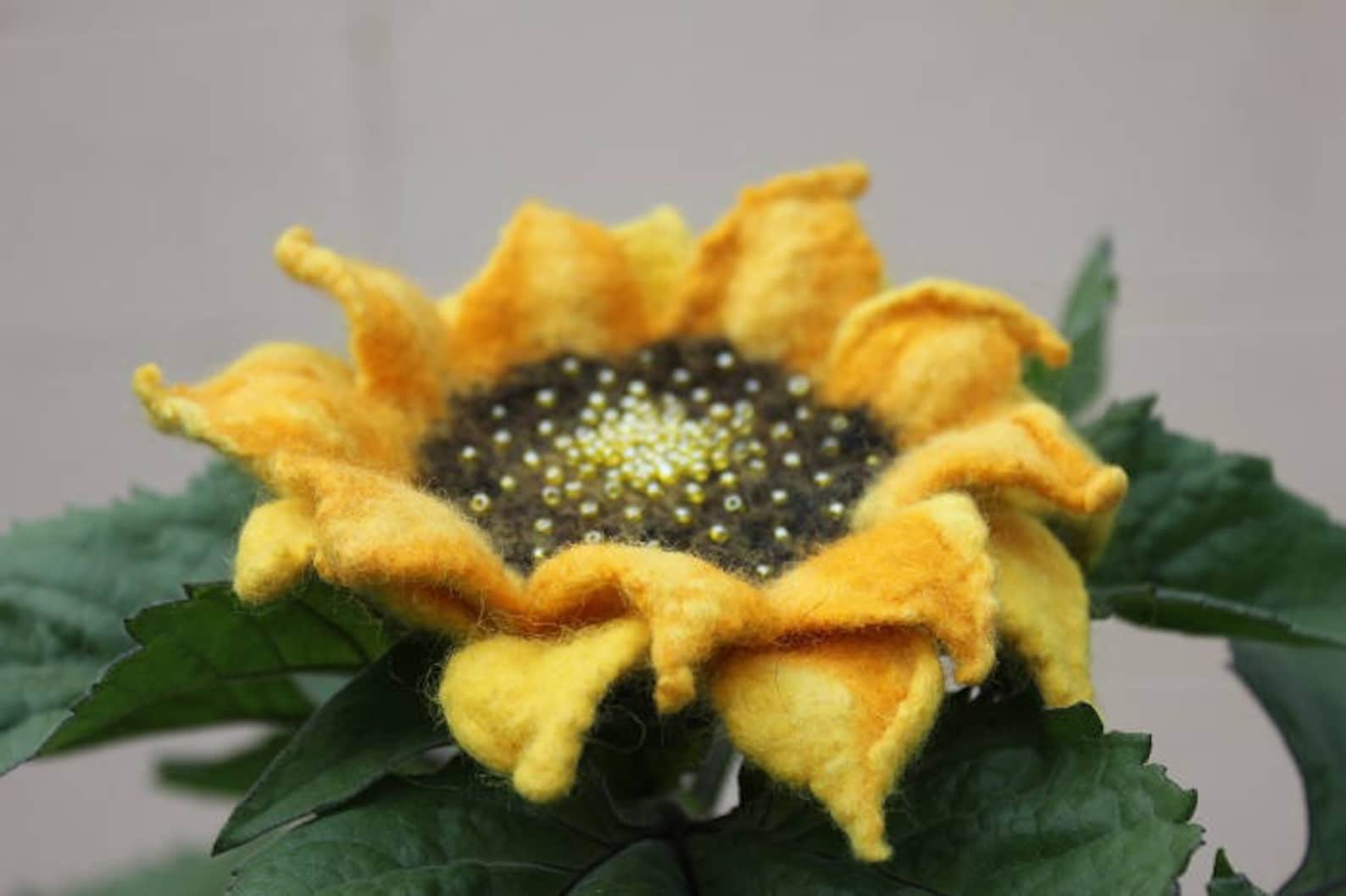 Felted Sunflower / Yellow Felted Flower Embroidered With Beads | Etsy