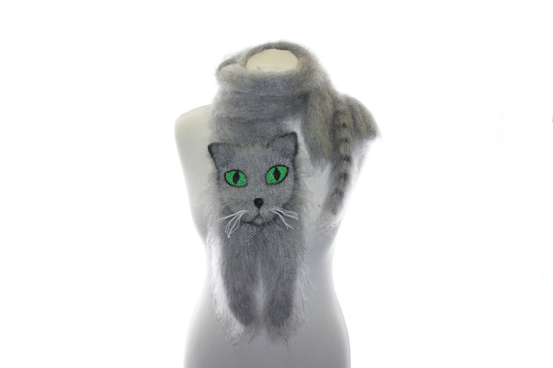 Knitted Scarf Russian Blue Cat. Fuzzy Soft Grey Cat Scarf With | Etsy