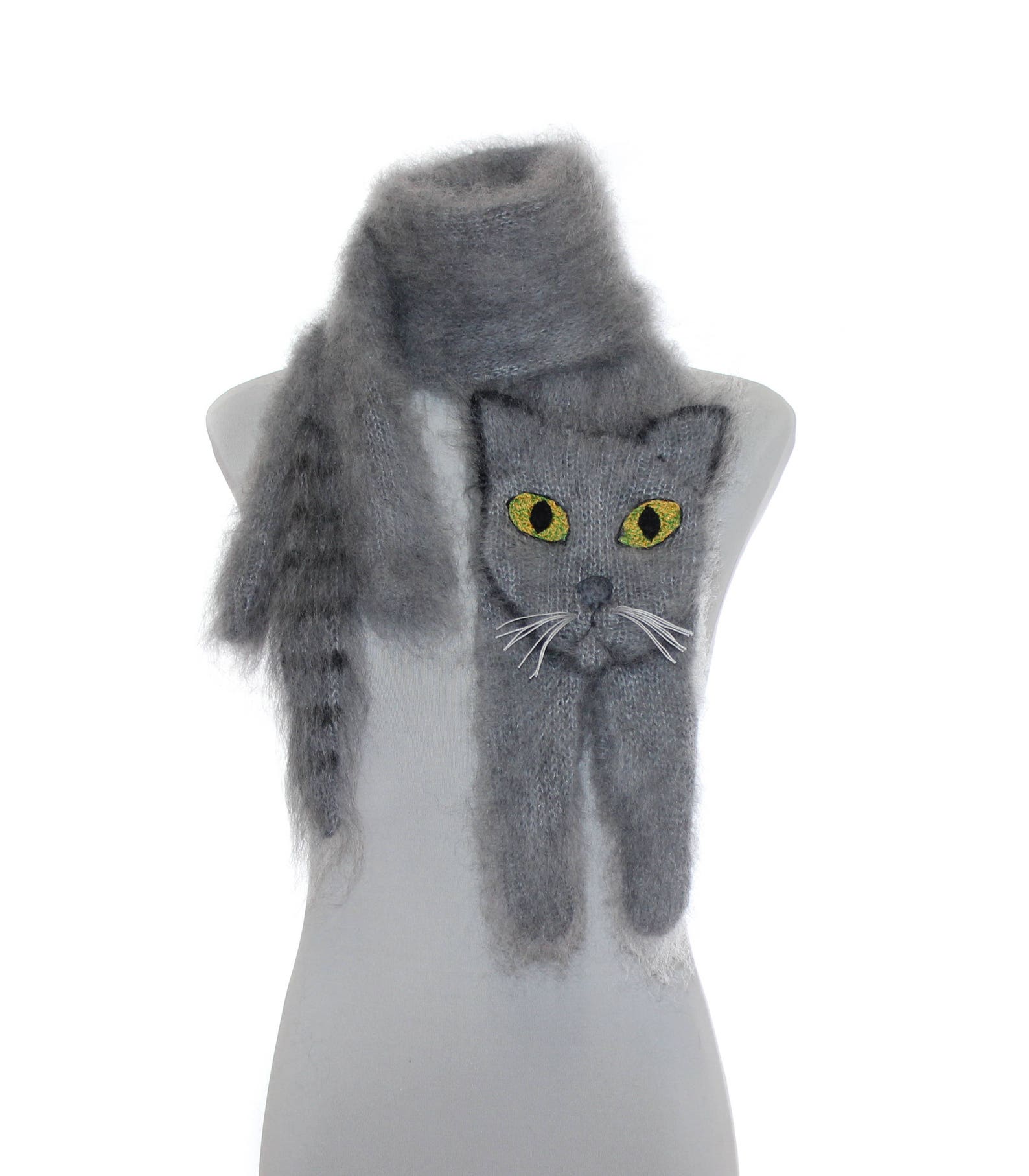 Knitted Scarf Russian Blue Cat. Fuzzy Soft Grey Cat Scarf With | Etsy
