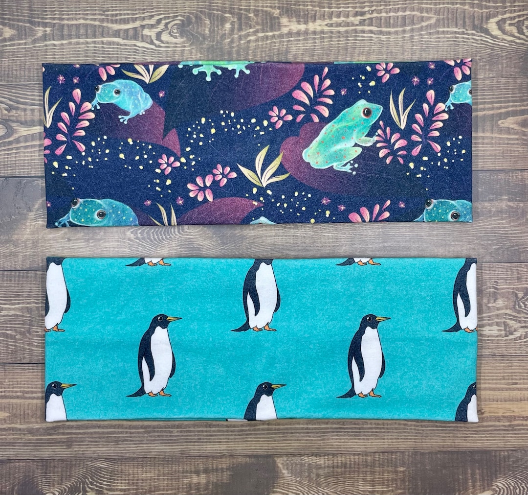 Bioluminescent Frogs and Teal Penguins Handmade Headbands Jersey Knit ...