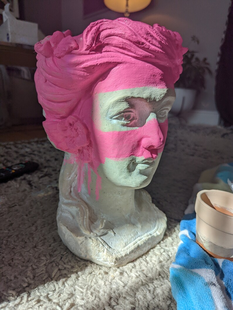 Custom & Hand Painted Bust - One of a Kind Greek Head Ceramic Sculpture Neon Pink and Gold With ...