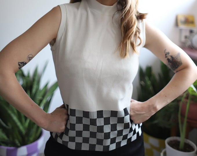 Vintage 1960s Black and White Mock Neck Sleeveless Checkered ...