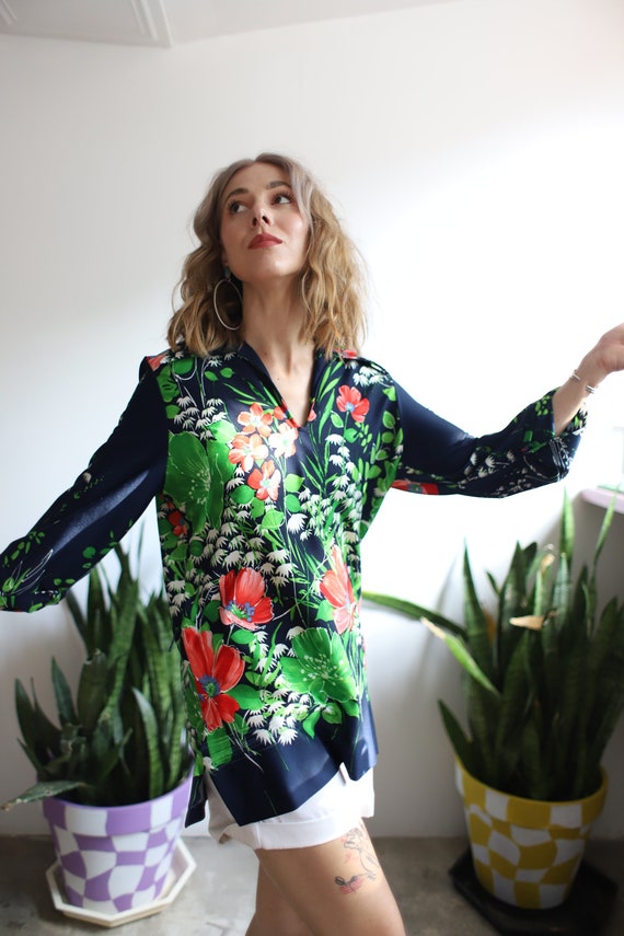 1970s Rhoda Lee Floral Blouse W Full Puffy Sleeves - Gem