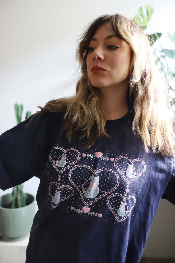 Vintage 1990s dark navy blue cottagecore cat lover gr… - Gem