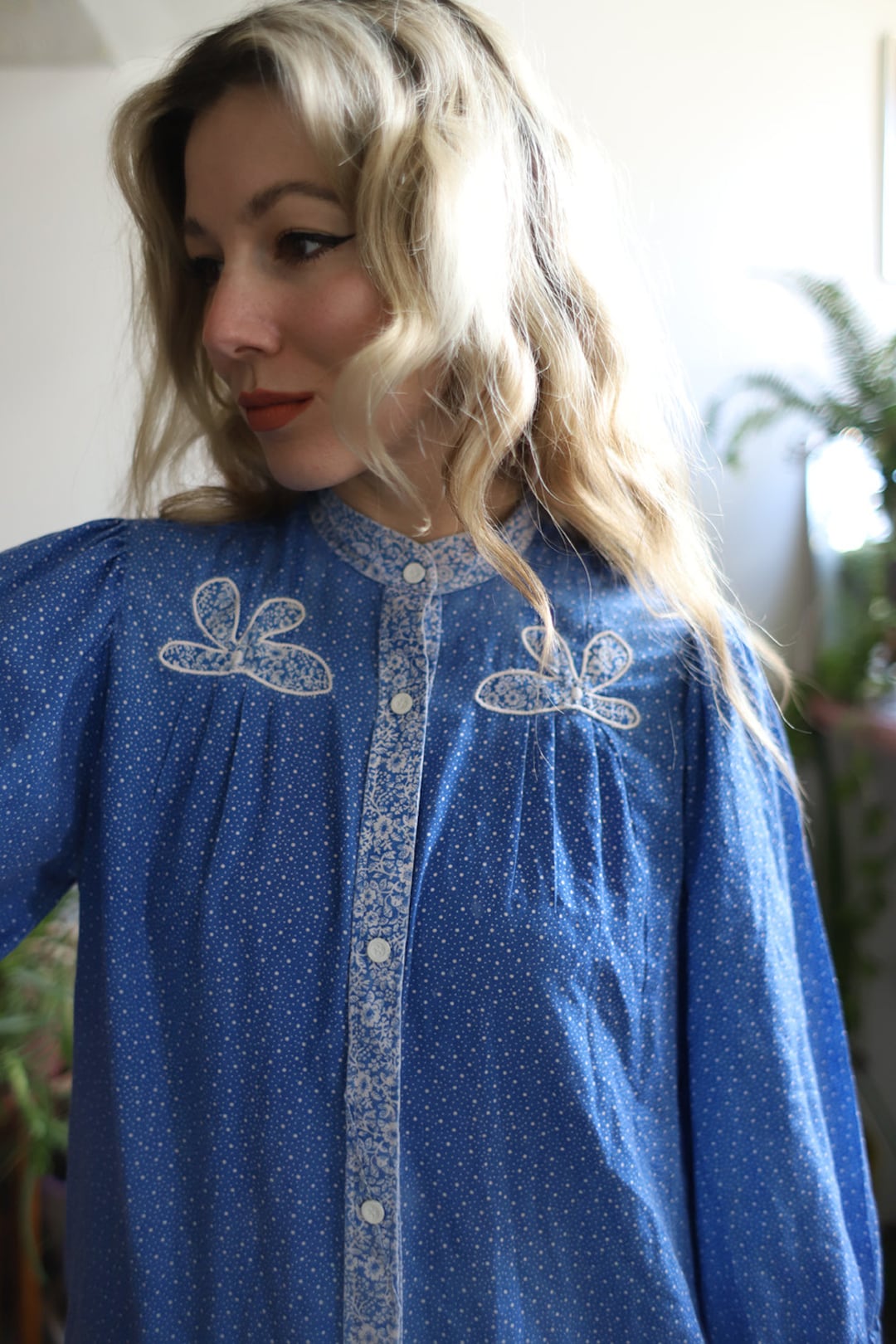 Vintage 1970s Models Coat Blue Long Sleeve Dressing Gown Housedress ...