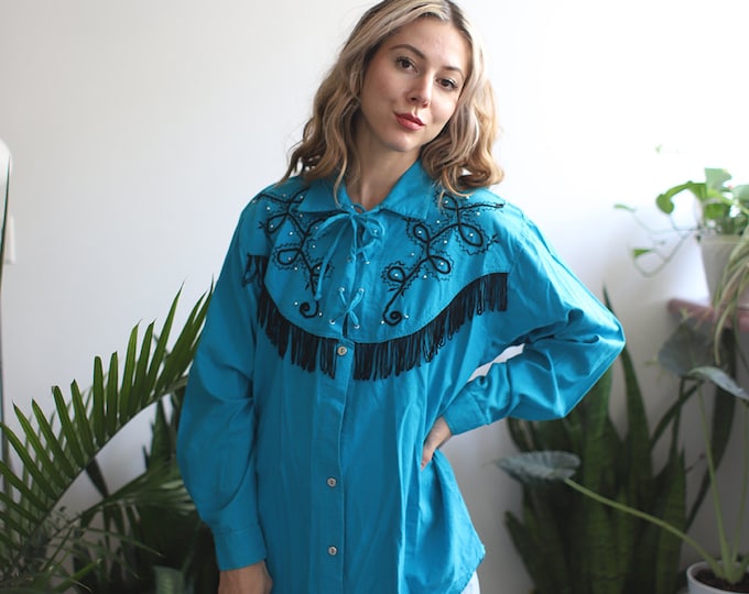 Vintage 80er 90er Kurzschluss Langarm blau + schwarz Fransen Western ...