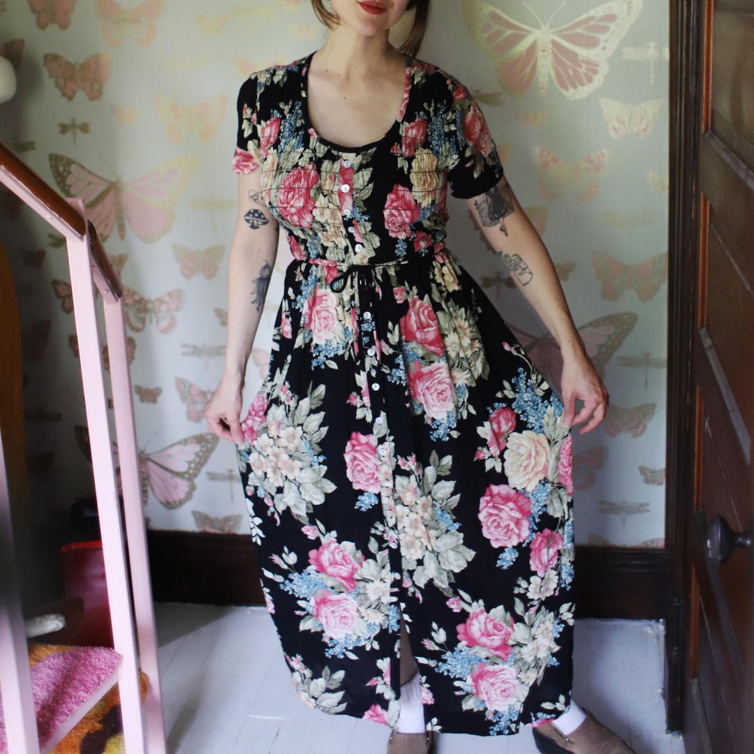 Vintage 1990s 90s Dark Rose Floral Dress Button Down Midi Length ...