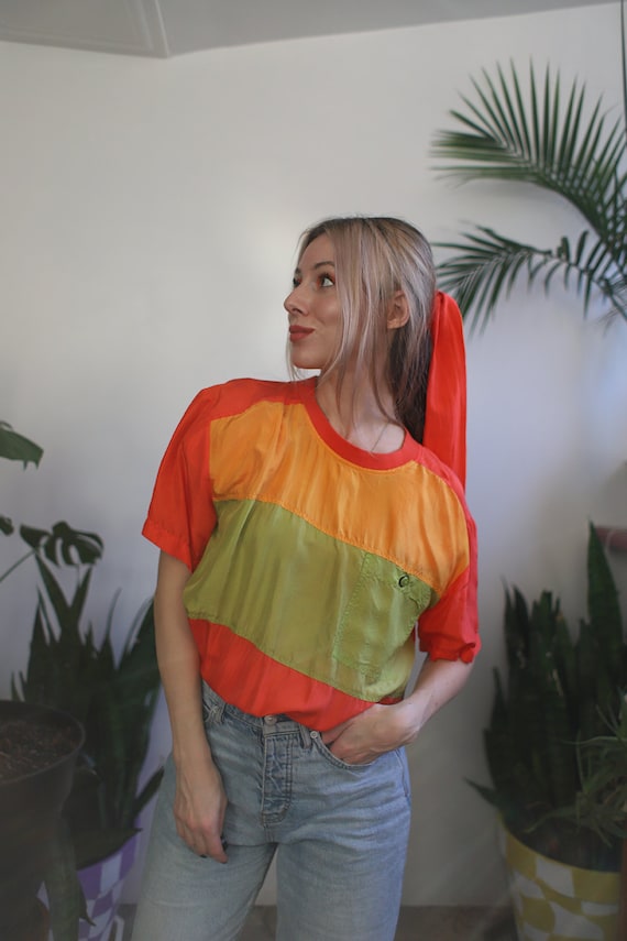 Vintage 1980s 90s silk color block shirt orange lime … - Gem
