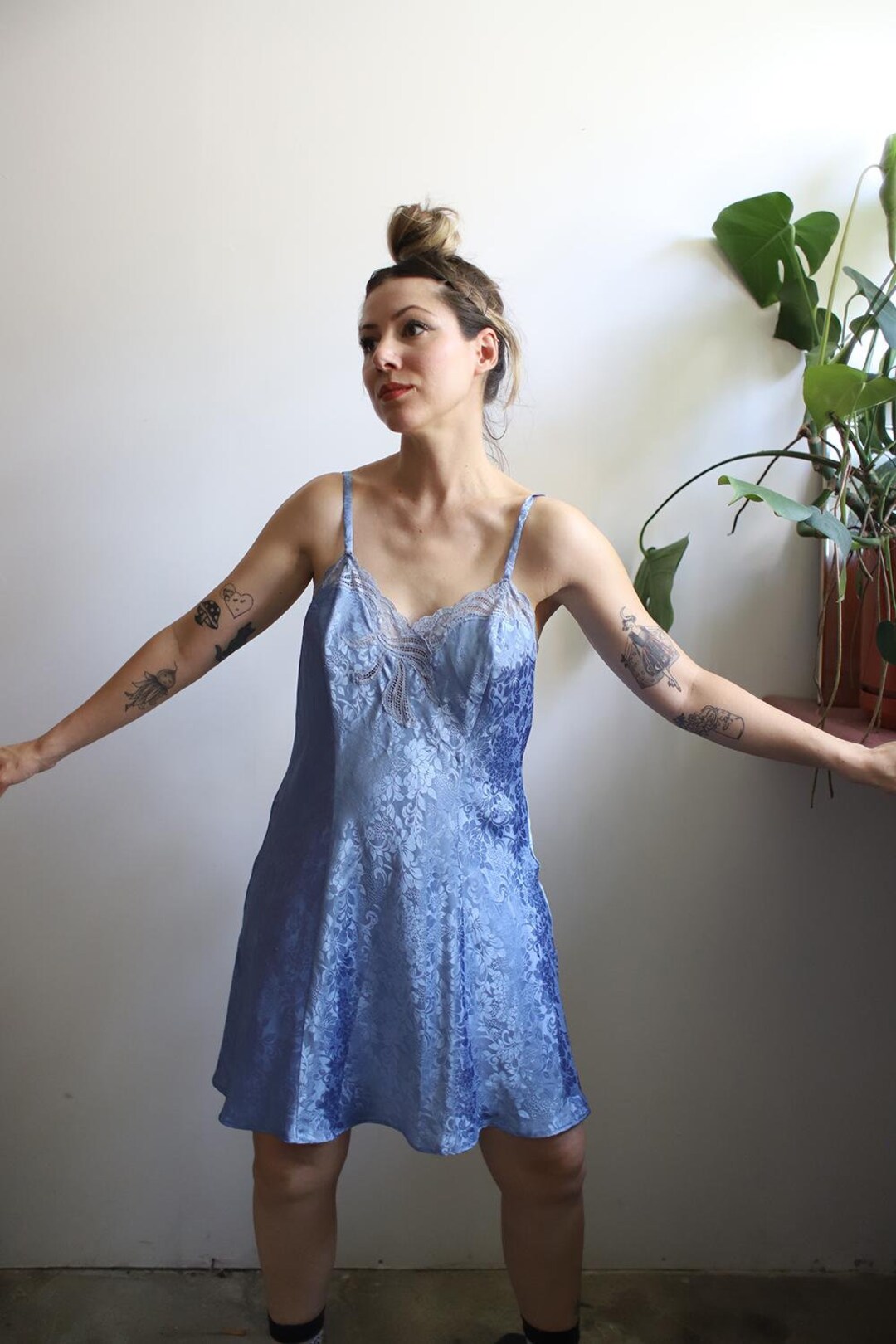 Vintage 1980s 90s Ice Blue Pastel Slip Dress / Lace / Spaghetti Straps ...