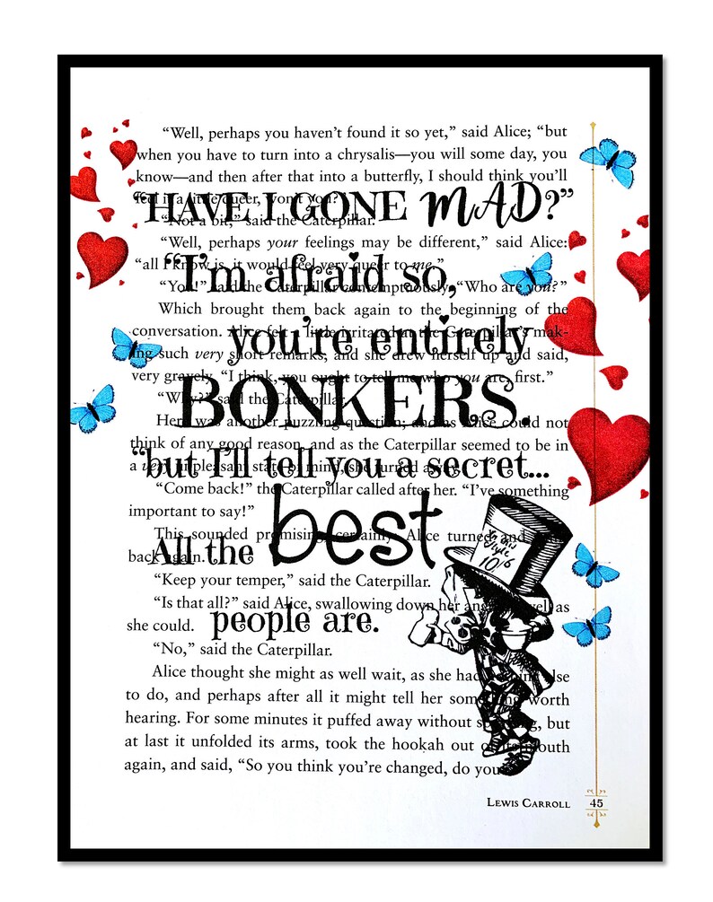 Alice in Wonderland, Mad Hatter Gone Mad "bonkers" Quote, Printed on ...