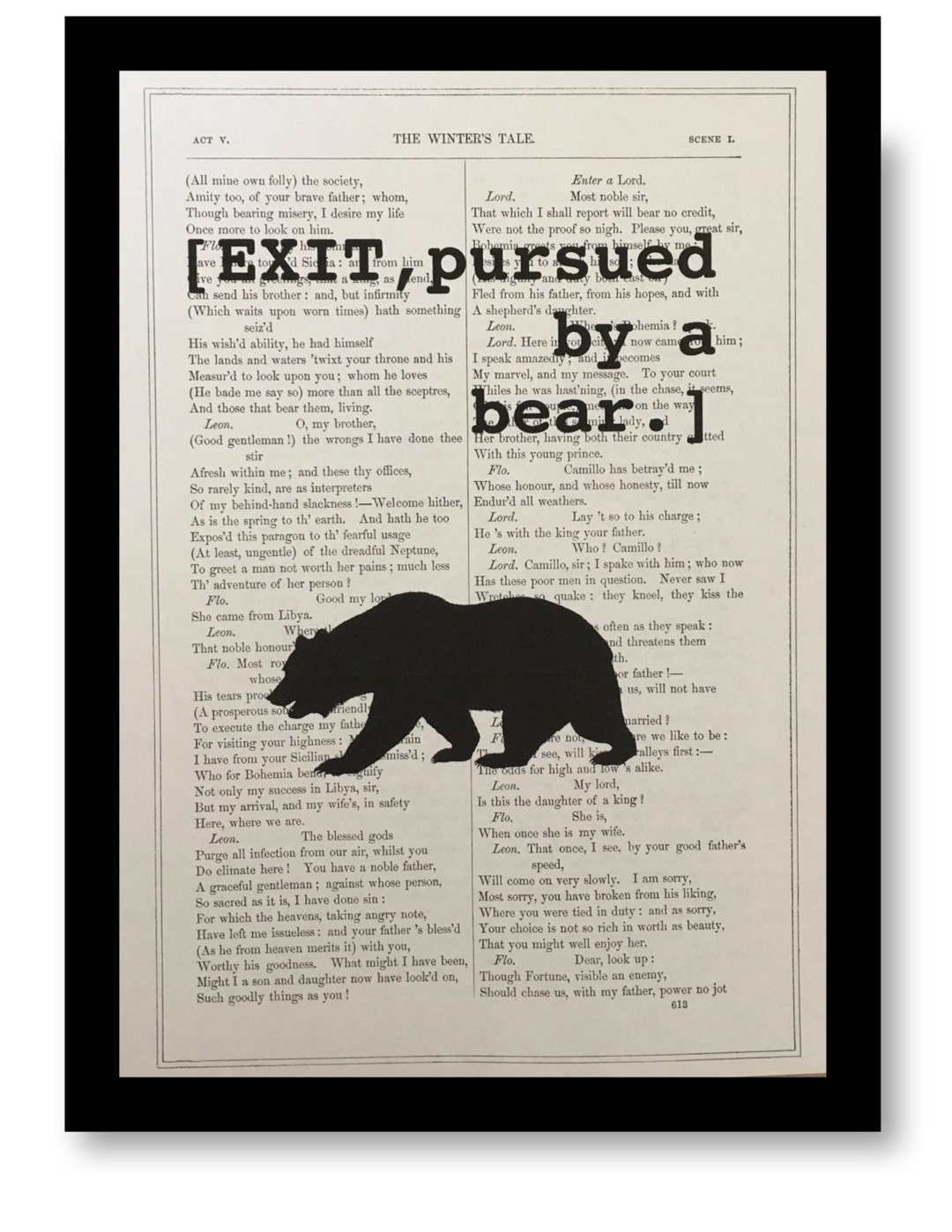 William Shakespeare Winter's Tale Quote, EXIT Pursued by a Bear ...