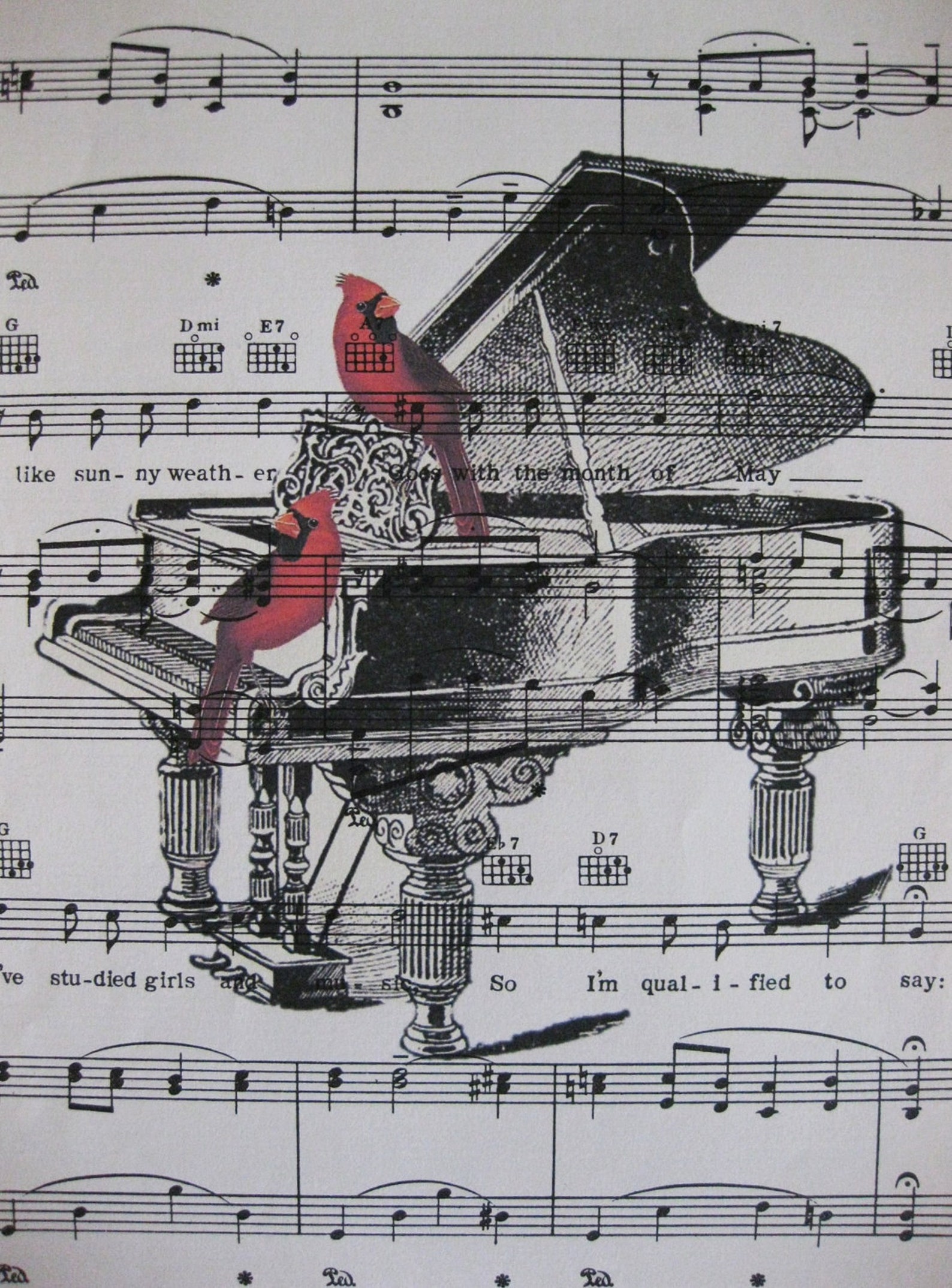 Piano Print Red Cardinal Print Music Print Music Room Art - Etsy
