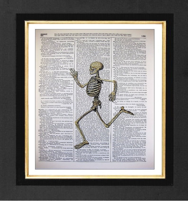 Running Skeleton Art Print – Mixed Media on Vintage Dictionary Page - Etsy