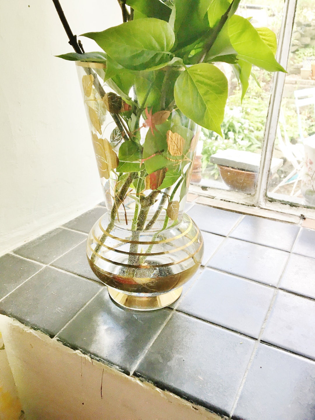 Vintage Large Mid Century Glass Gold Leaves Vase - Etsy