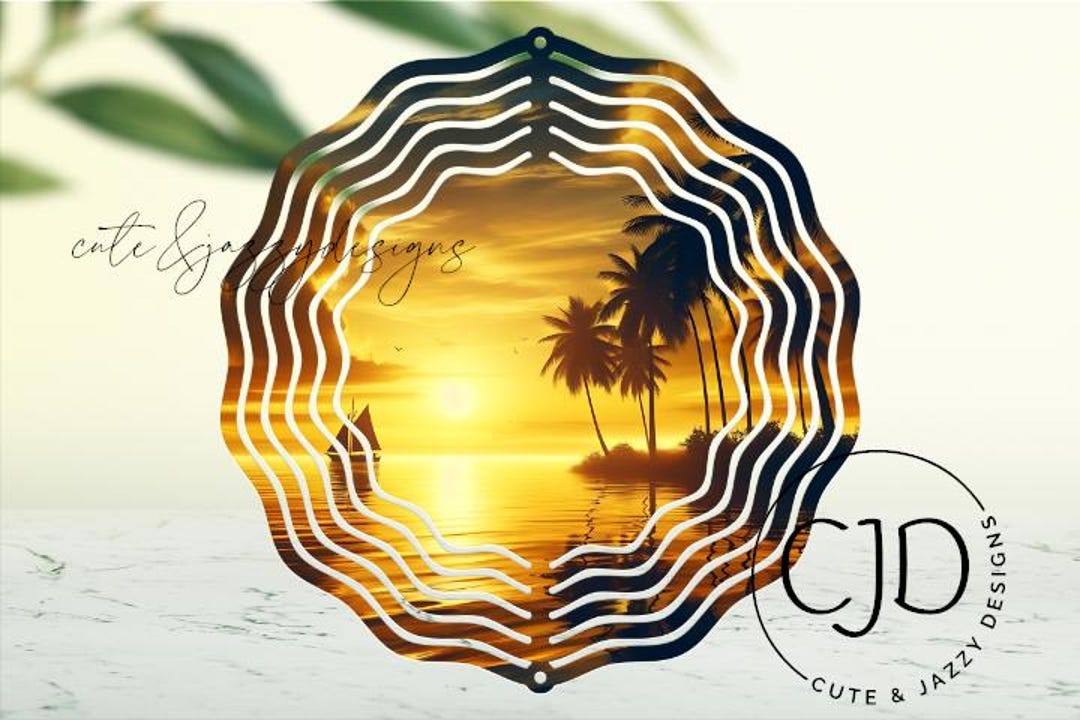 Tropical Sunset Beach 8" Wind Spinner Aluminum Hanging Palm Trees ...