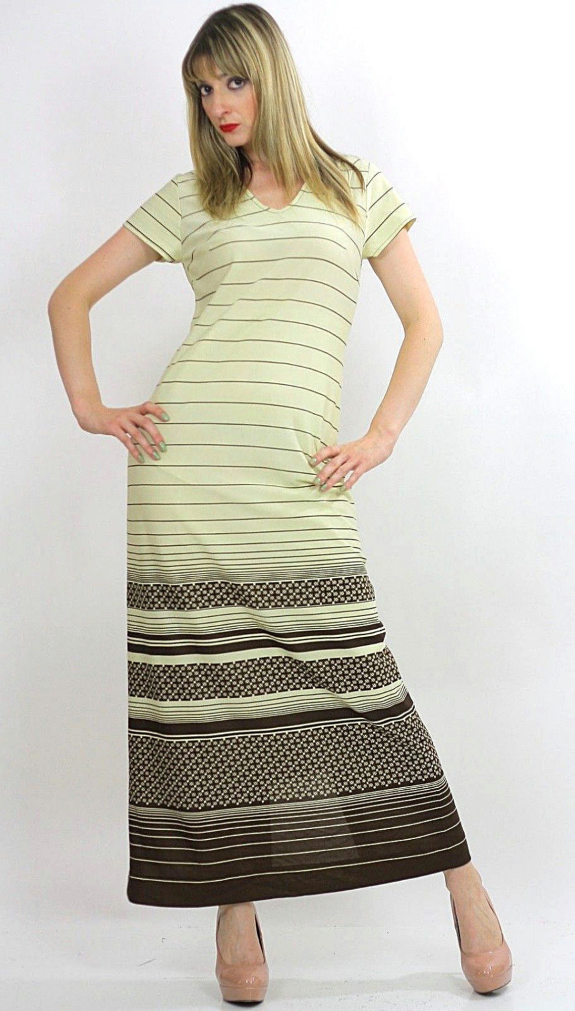Striped Mod Maxi Dress Vintage 70s Hippie Boho Op Art Tee Shirt Dress ...
