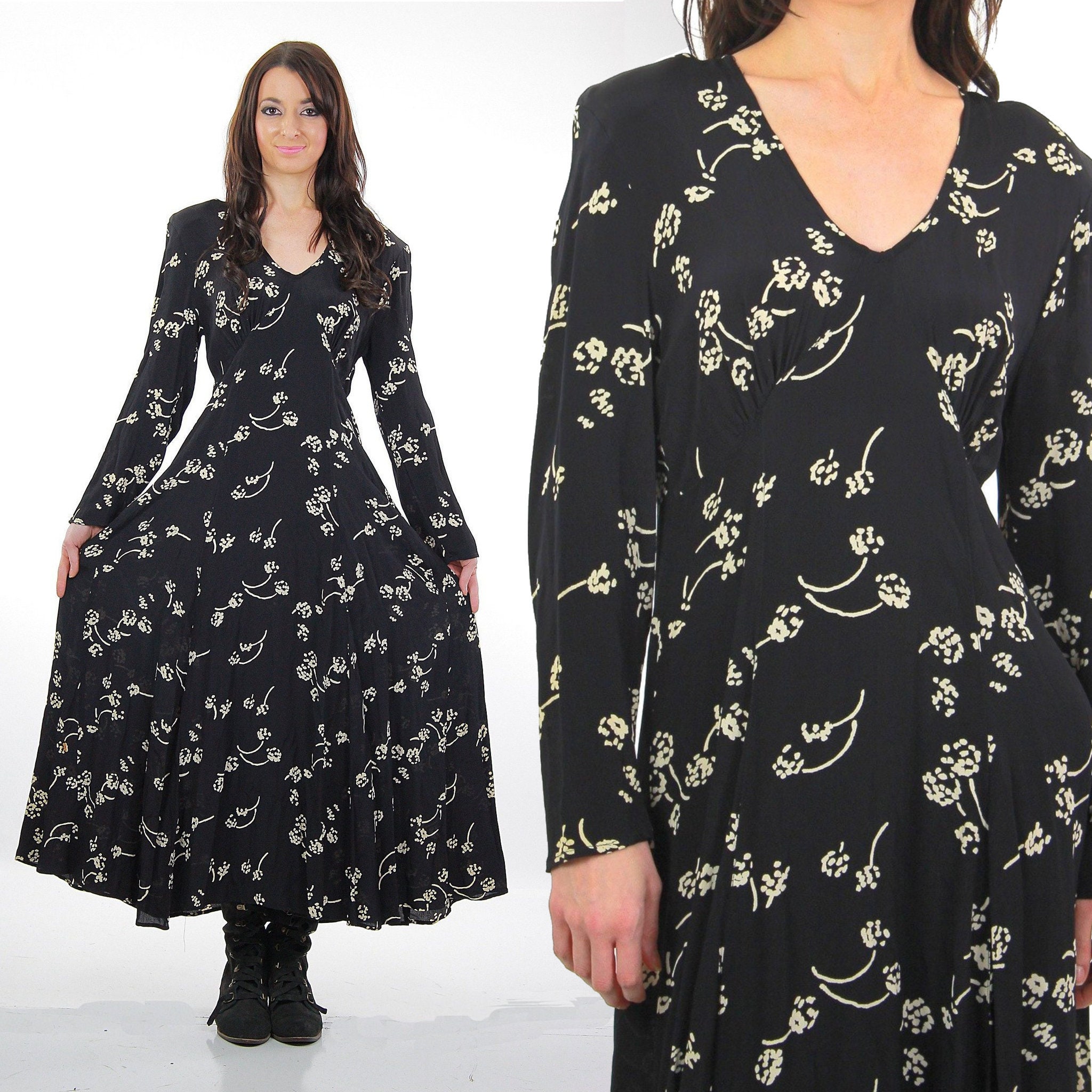 90s Grunge Dress Goth Boho Black Dark Print Bohemian Long Sleeve Medium ...