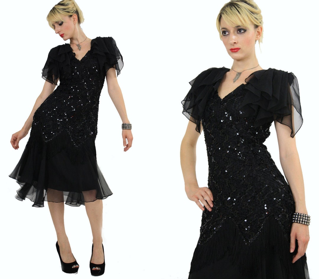 90s Prom Dress Goth Black Sequin Deep V Medium - Etsy