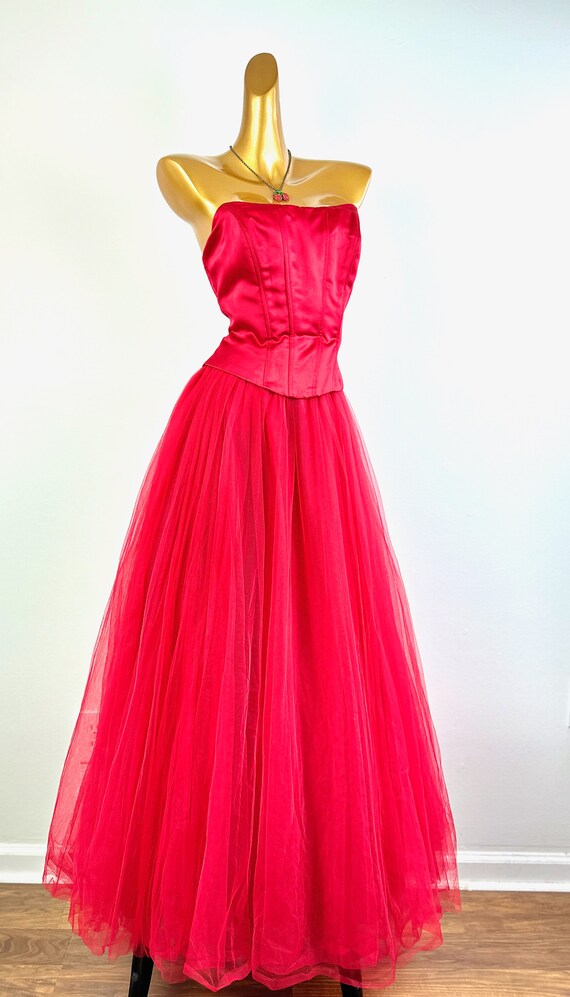 90s prom dress corset ballgown vintage fairy red tull… - Gem