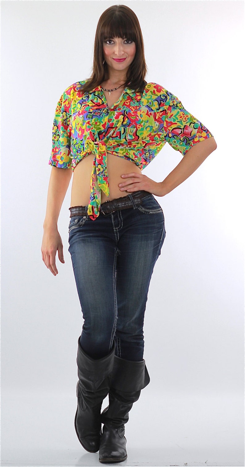 Floral Blouse Crop Top Vintage 80s Cropped Retro Bohemian Festival ...
