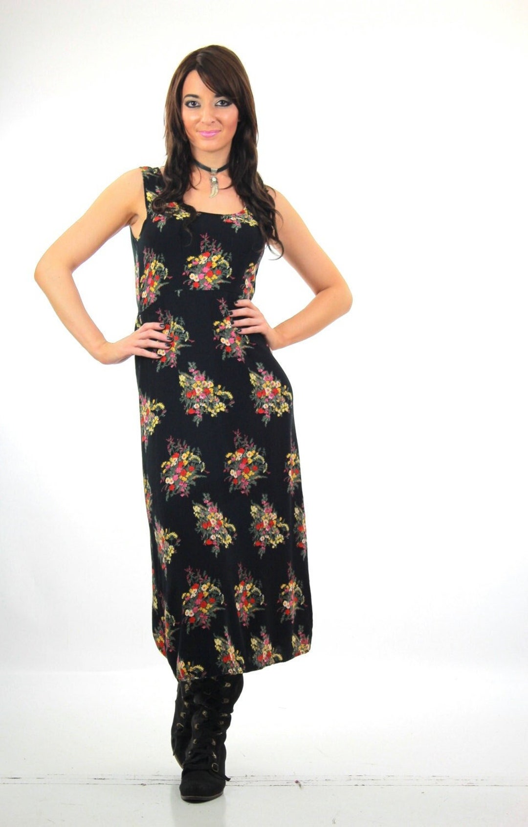 90s Floral Grunge Dress Slip Black Gothic Low Cut Sleeveless Hippie ...