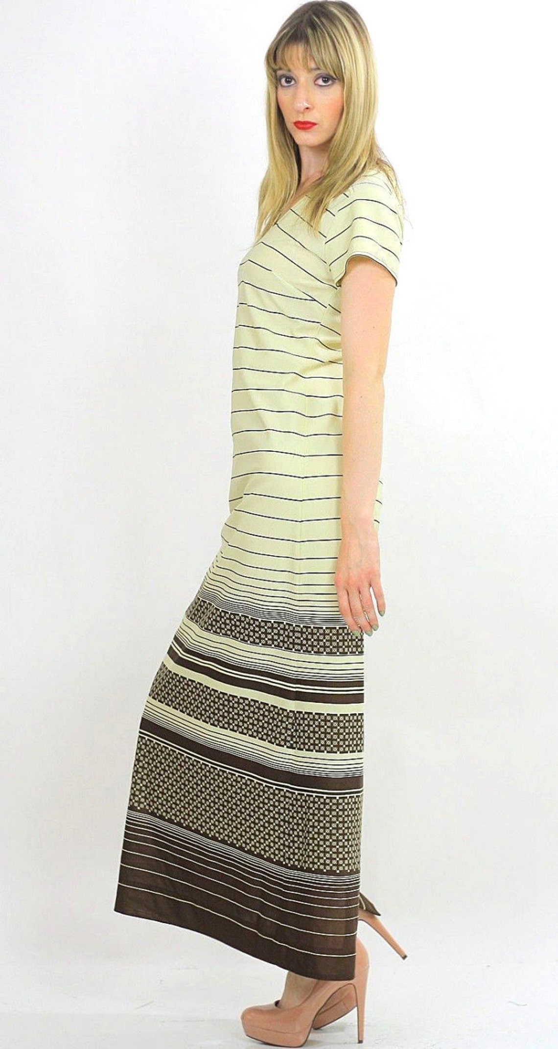Striped Mod Maxi Dress Vintage 70s Hippie Boho Op Art Tee Shirt Dress ...