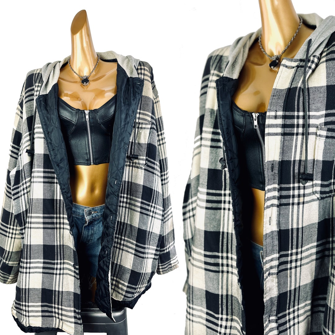 Vintage Mens Flannel Shirt Black Plaid Button up Hoodie 90s Grunge Size ...
