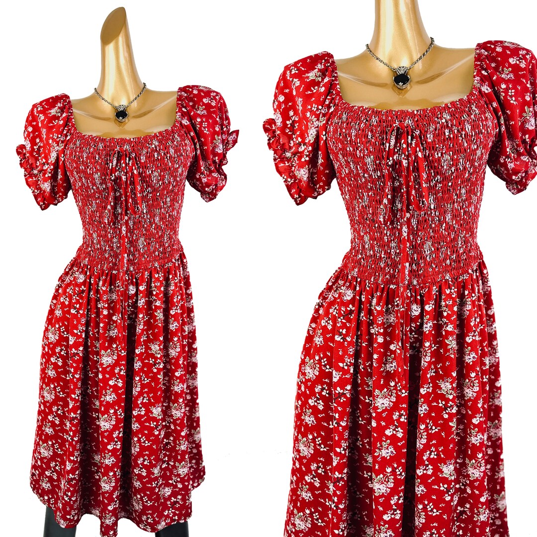 90s Cottagecore Dress Milkmaid Floral Print Prairie Puff Sleeve Peasant ...