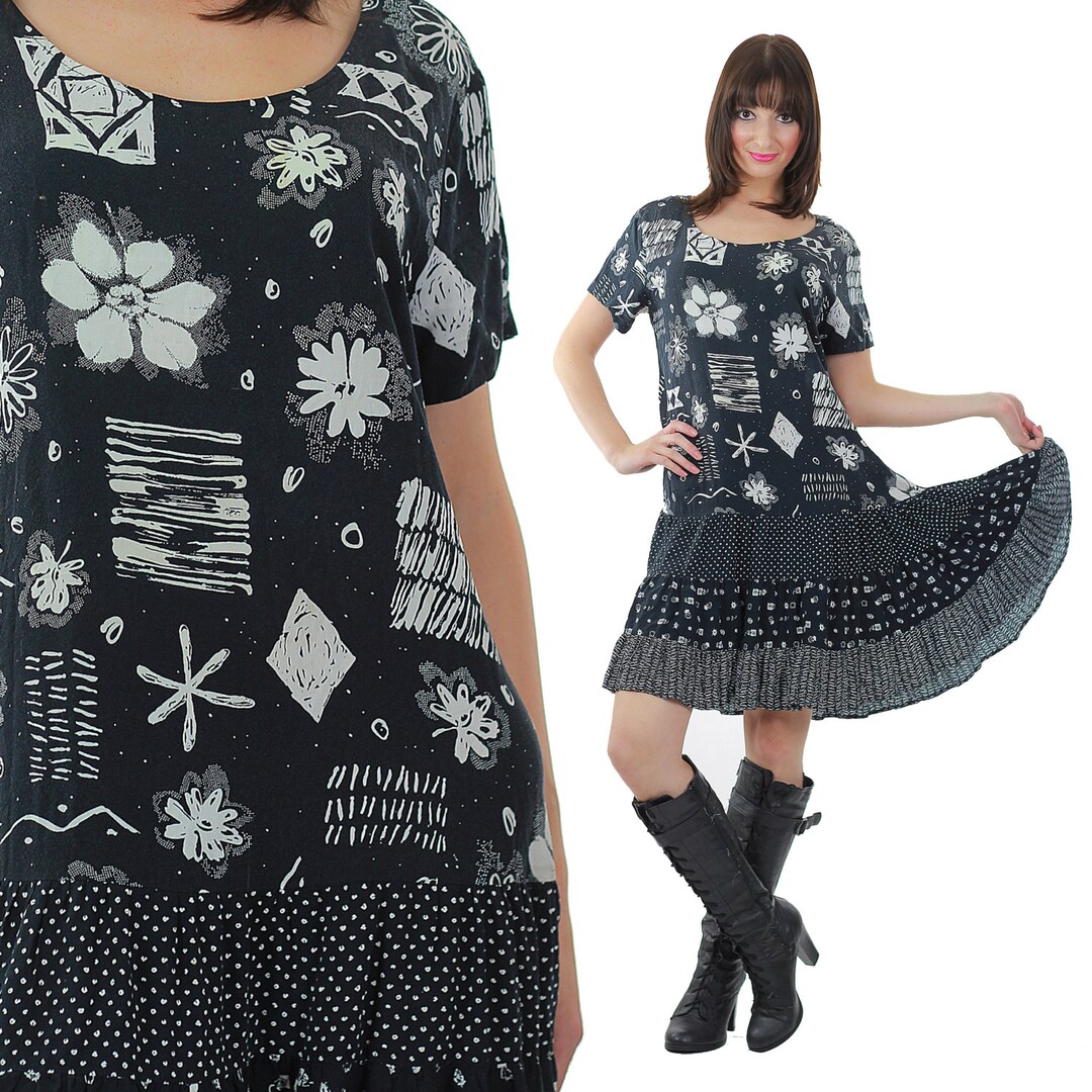 90s Grunge Dress Goth Dark Floral Print Patchwork Fit and Flare Tiered ...