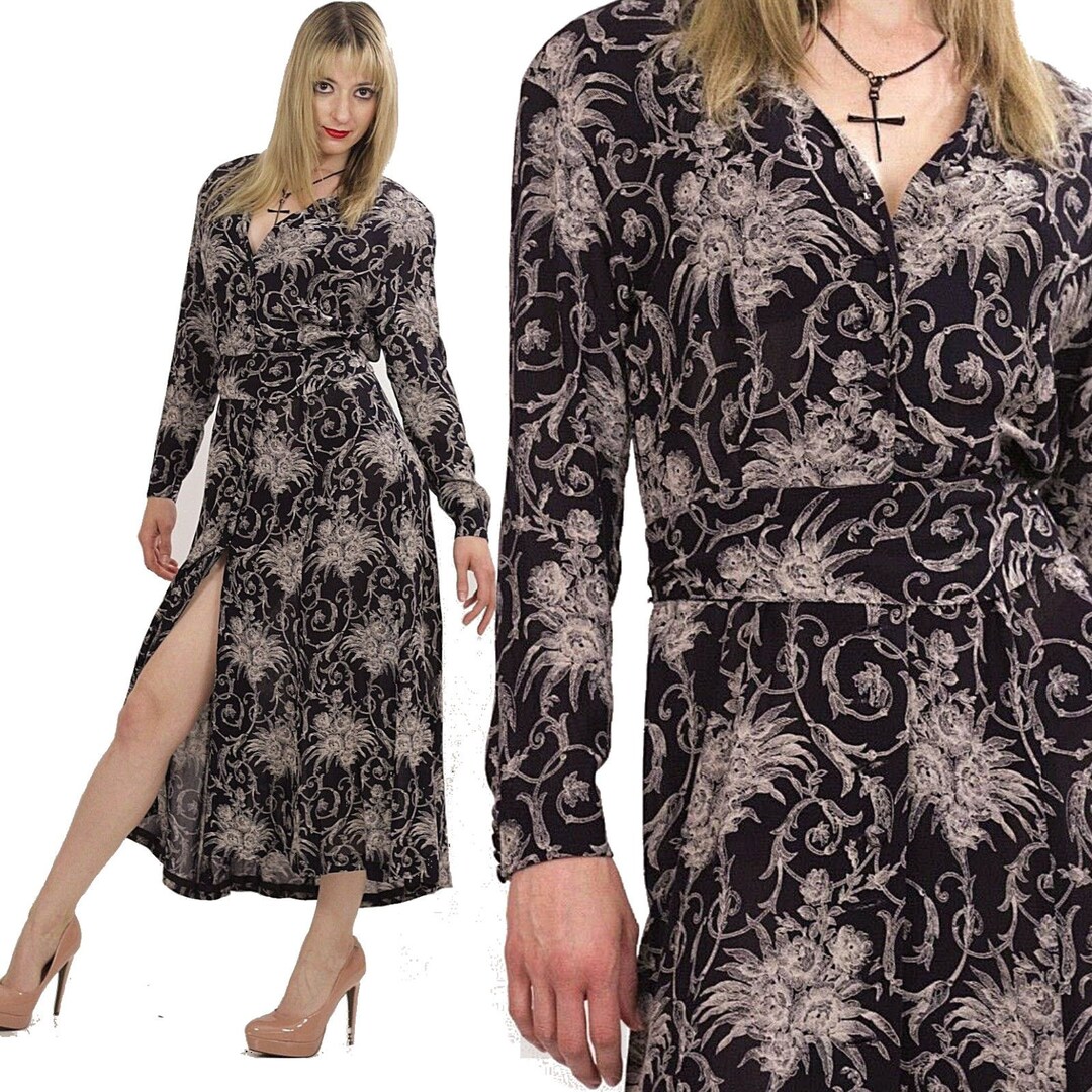 90s Grunge Dress Dark Floral Print Goth Boho Long Sleeve Maxi Length ...