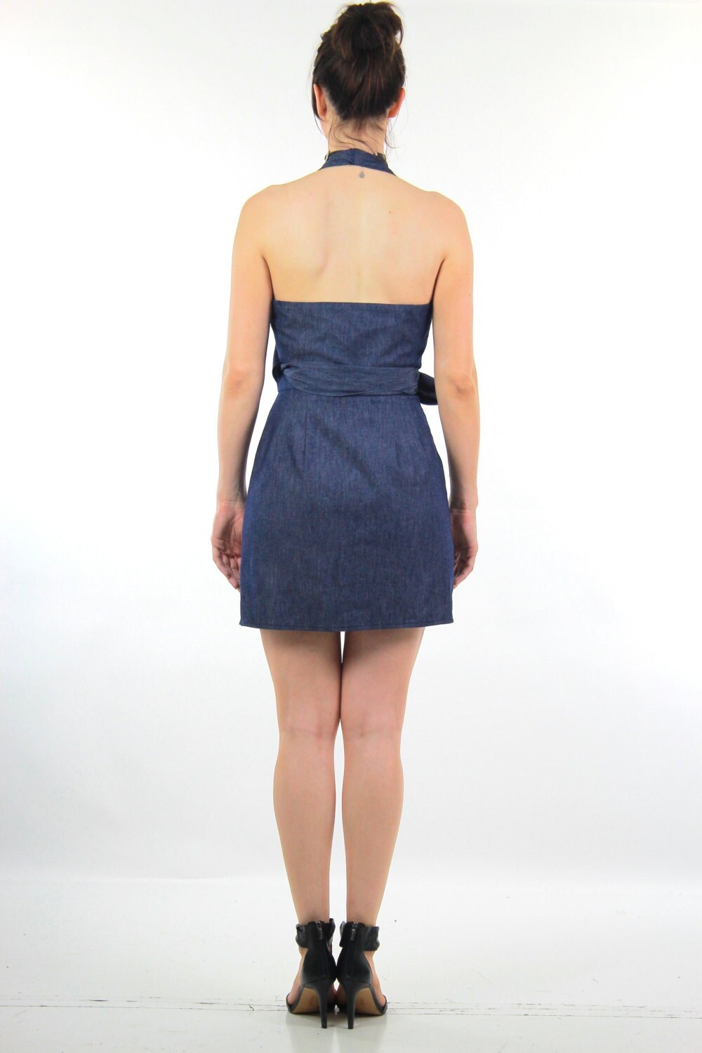 Denim Wrap Dress Halter Mini Dress Deep V Plunging Sleeveless Open Back ...