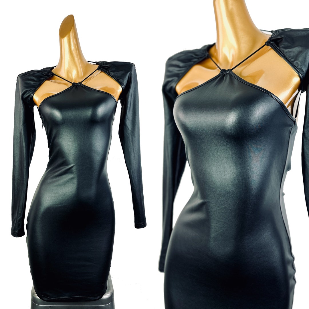 90s Goth Prom Dress Faux Leather Black Cocktail Formal Sexy Halter Gown ...