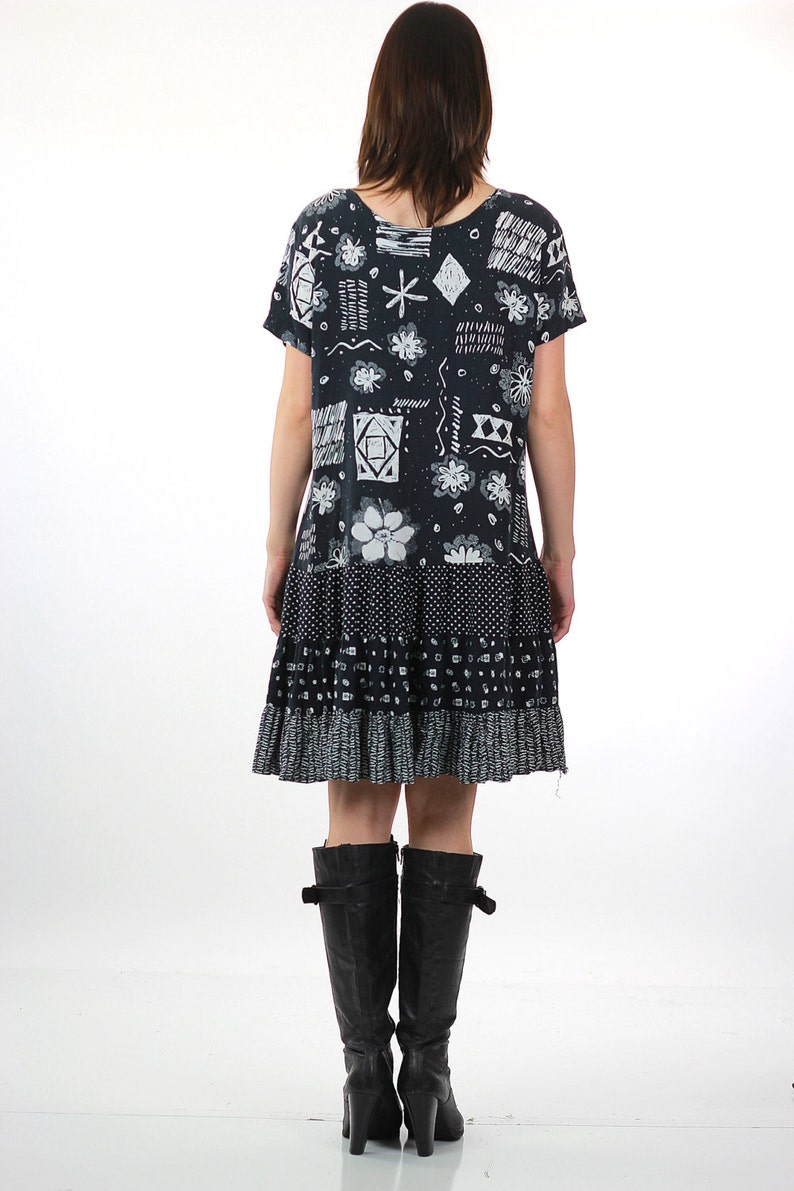 90s Grunge Dress Goth Dark Floral Print Patchwork Fit and Flare Tiered ...