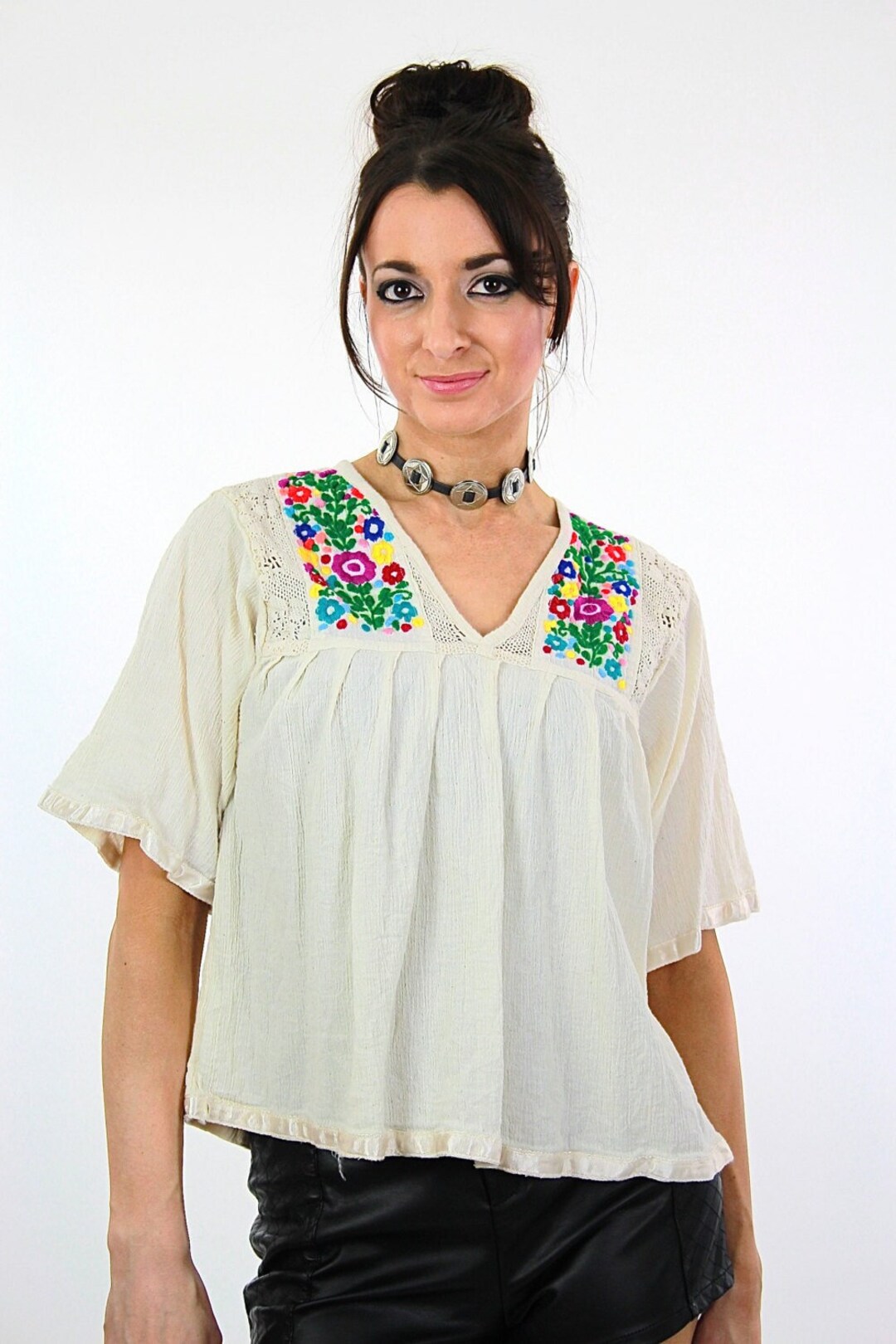 Vintage 90s Boho Hippie Loose Fit V Neck Floral Embroidered Top Shirt ...