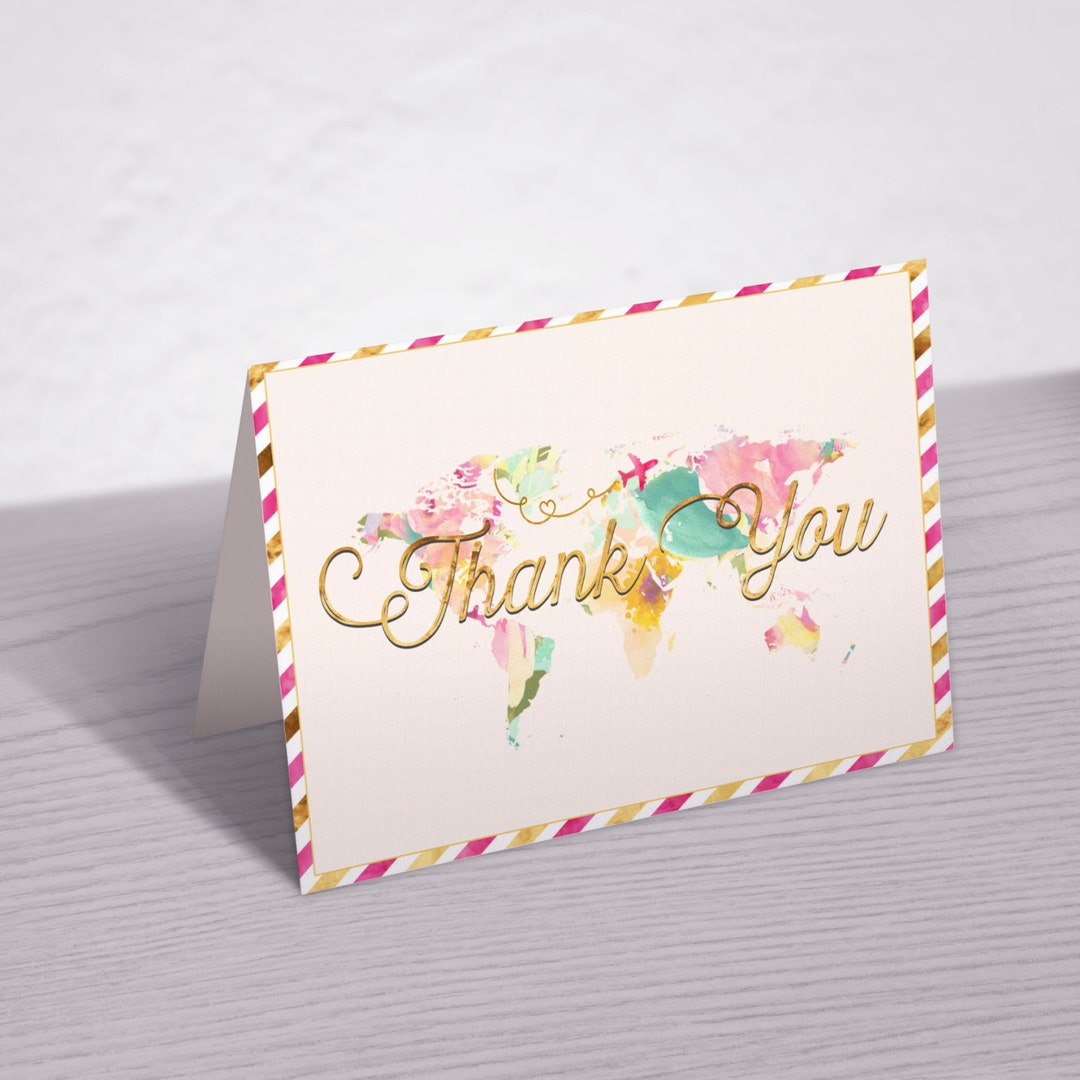 Instant Download 4x6" Folded Thank You Card-world Map-travel Bridal ...